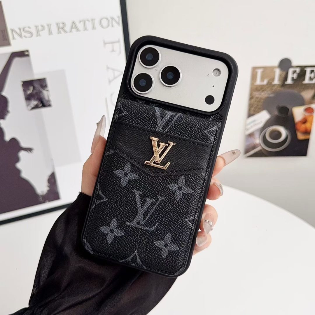 Black Louis-Vuitton iPhone 17 Pro Max Leather Case with Card Holder ...